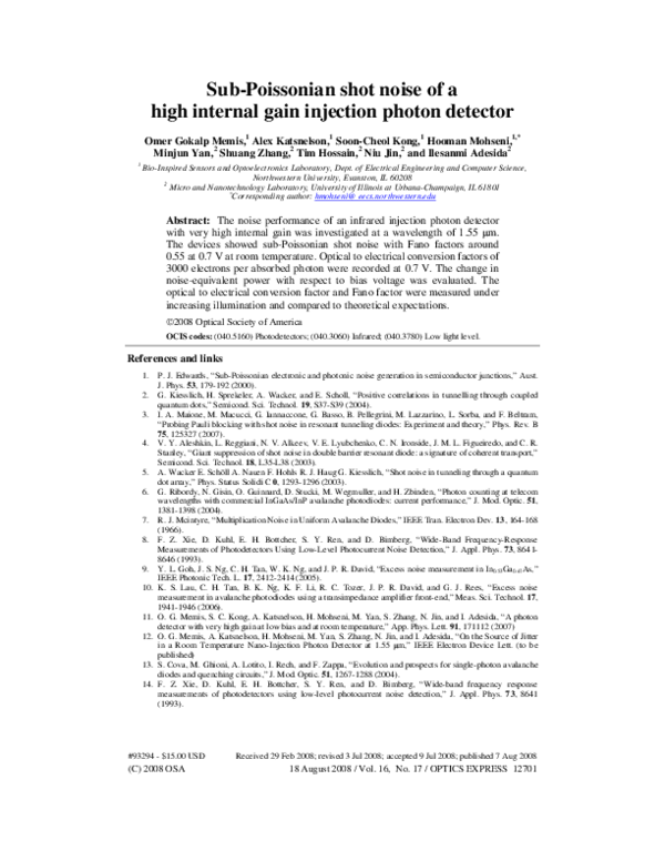 (PDF) Sub-Poissonian shot noise of a high internal gain injection photon detector