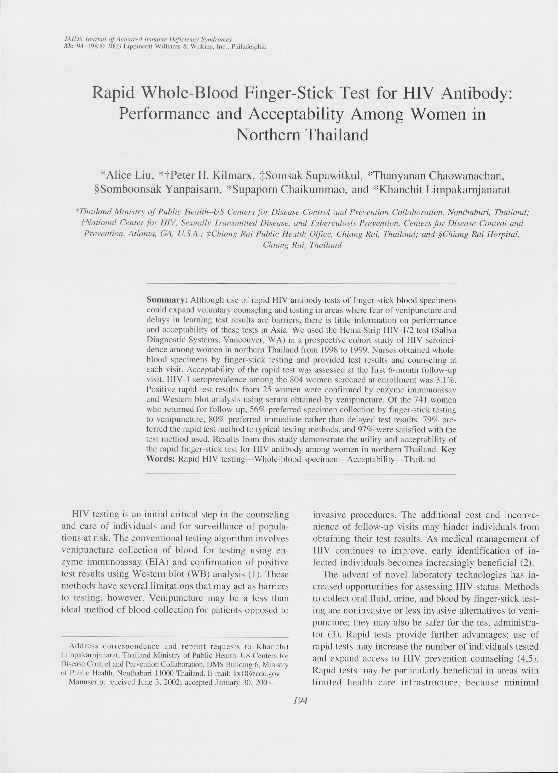 (PDF) Rapid Whole-Blood Finger-Stick Test for HIV Antibody: Performance ...