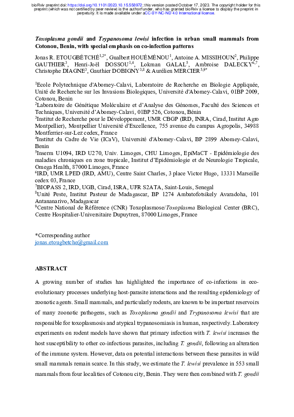 (PDF) Toxoplasma gondii and Trypanosoma lewisi infection in urban small ...