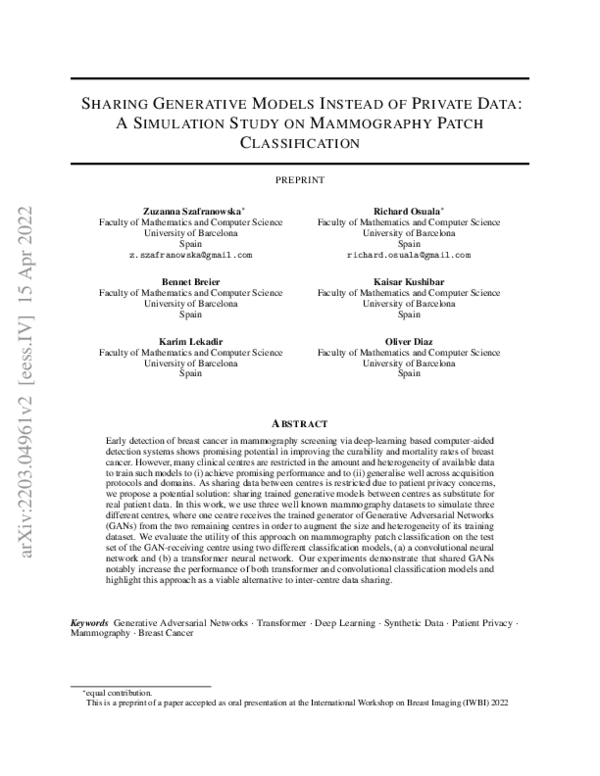 (PDF) Sharing generative models instead of private data: a simulation study on mammography patch ...