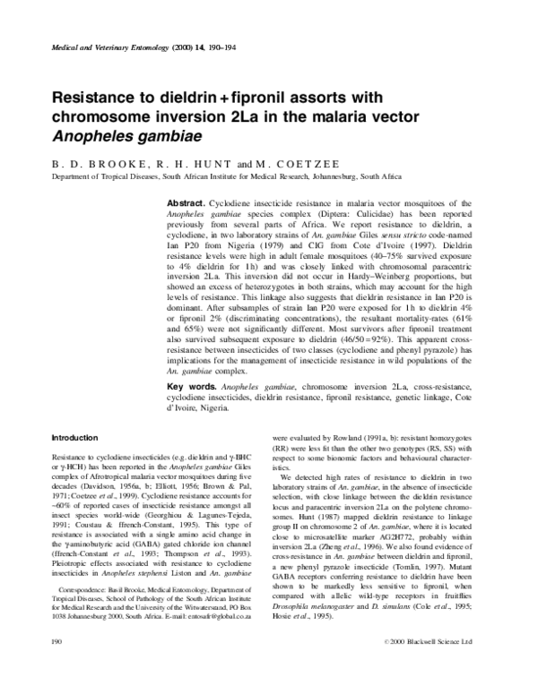 (PDF) Resistance to dieldrin + fipronil assorts with chromosome ...
