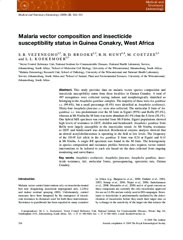 (PDF) Malaria vector composition and insecticide susceptibility status in Guinea Conakry, West ...