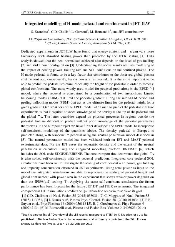 (PDF) Integrated modelling of H-mode pedestal and confinement in JET-ILW