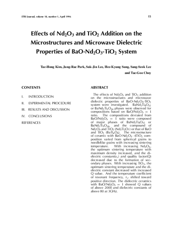 Pdf Effects Of Nd2o3 And Tio2 Addition On The Microstructures And Microwave Dielectric