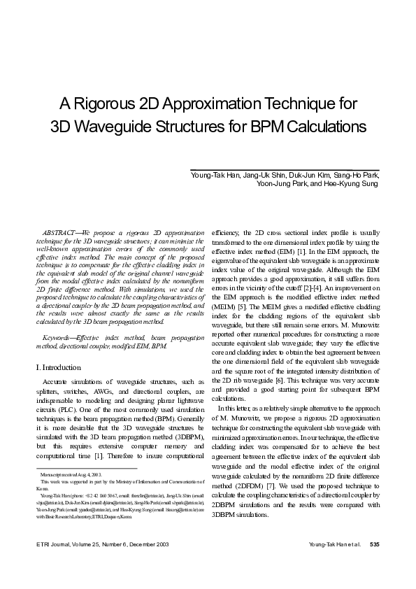 (PDF) A Rigorous 2D Approximation Technique for 3D Waveguide Structures for BPM Calculations