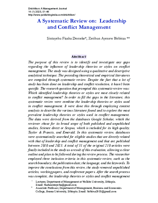 (PDF) A Systematic Review on: Leadership and Conflict Management