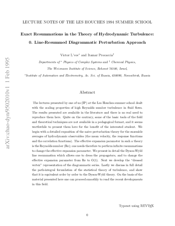 (PDF) Exact Resummations in the Theory of Hydrodynamic Turbulence: 0. Line-Resummed Diagrammatic ...