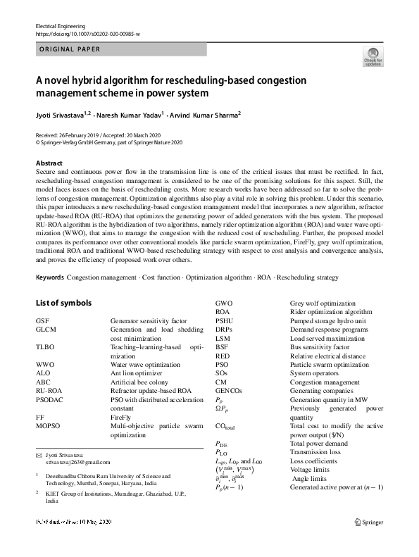 Pdf A Novel Hybrid Algorithm For Rescheduling Based Congestion Management Scheme In Power System