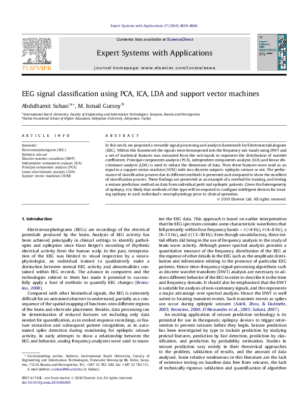 (PDF) EEG signal classification using PCA, ICA, LDA and support vector machines