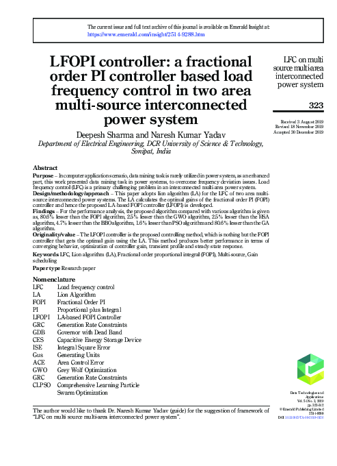 (PDF) LFOPI controller: a fractional order PI controller based load frequency control in two ...