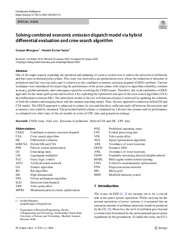 Pdf Solving Combined Economic Emission Dispatch Model Via Hybrid Differential Evaluation And