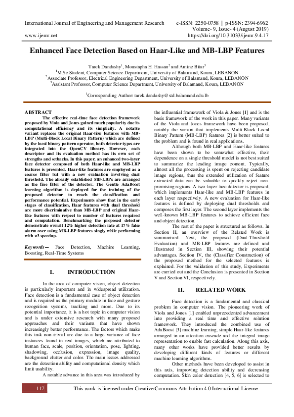Pdf Enhanced Face Detection Based On Haar Like And Mb Lbp Features
