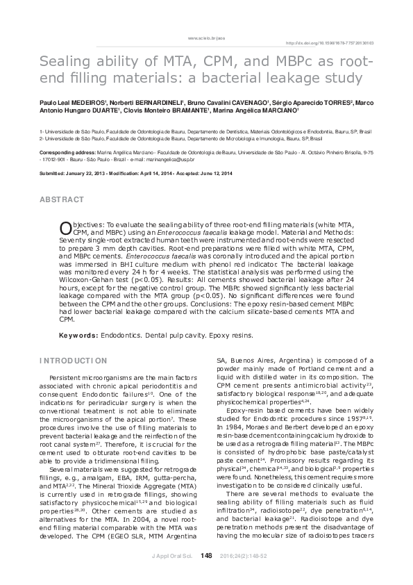 (PDF) Sealing ability of MTA, CPM, and MBPc as root-end filling ...