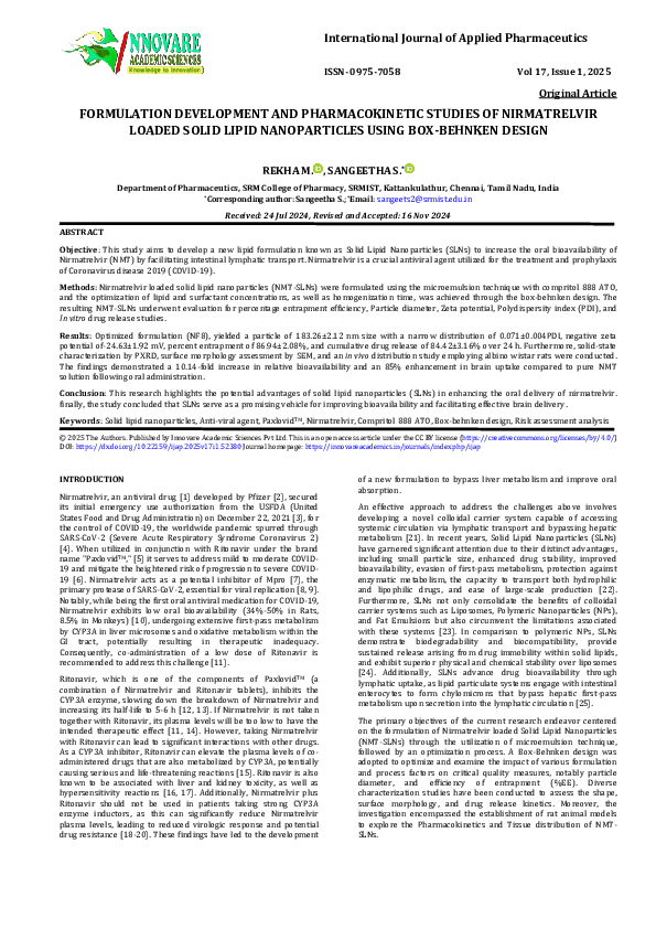 (PDF) FORMULATION DEVELOPMENT AND PHARMACOKINETIC STUDIES OF NIRMATRELVIR LOADED SOLID LIPID ...