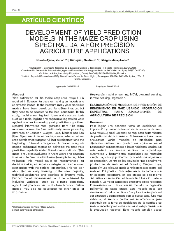 (PDF) Development of Yield Prediction Models in the Maize Crop Using ...