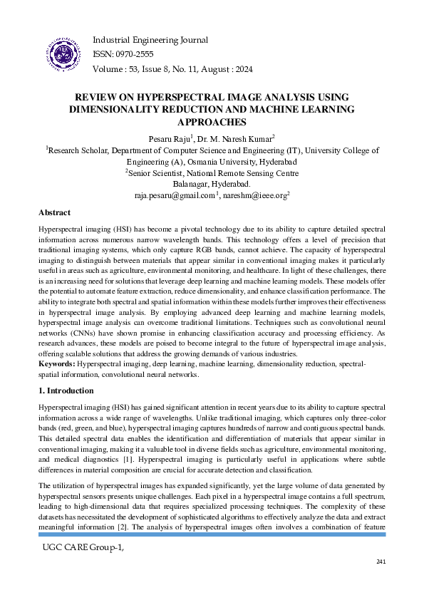 Pdf Review On Hyperspectral Image Analysis Using Dimensionality Reduction And Machine Learning