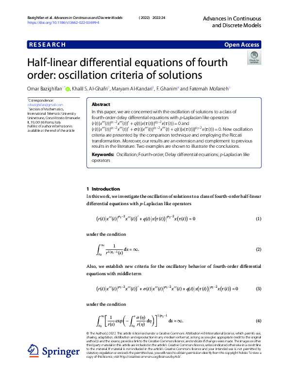 Pdf Half Linear Differential Equations Of Fourth Order Oscillation Criteria Of Solutions