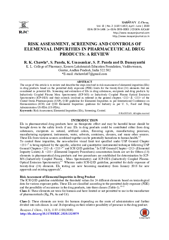 (PDF) Risk Assessment, Screening and Controls of Elemental Impurities in Pharmaceutical Drug ...