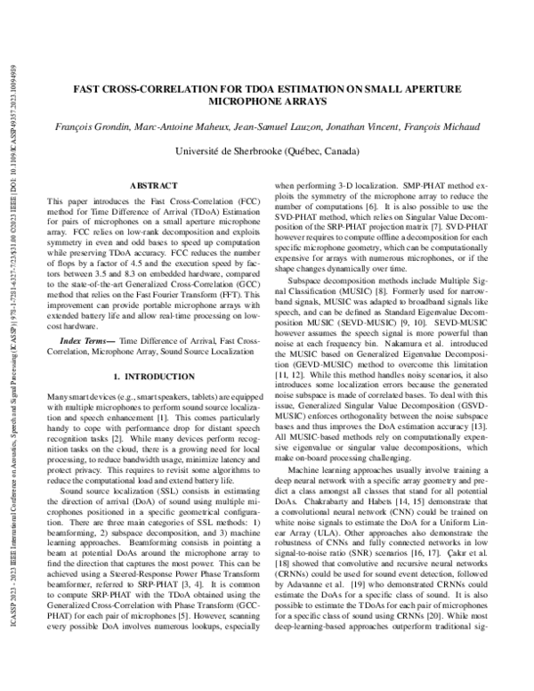 (PDF) Fast Cross-Correlation for TDoA Estimation on Small Aperture Microphone Arrays