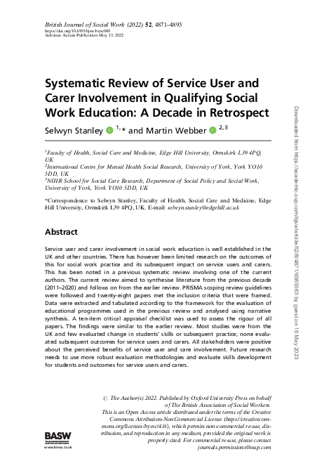 (PDF) Systematic Review of Service User and Carer Involvement in Qualifying Social Work ...