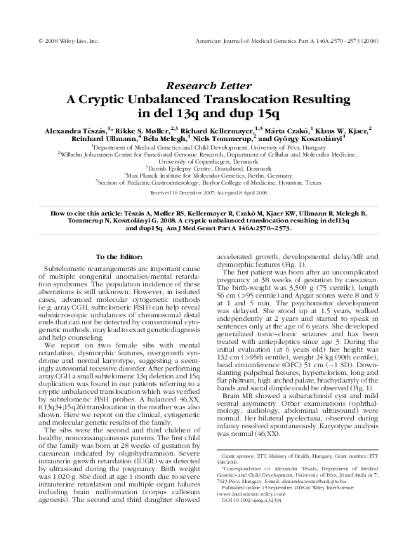 (PDF) A cryptic unbalanced translocation resulting in del 13q and dup 15q