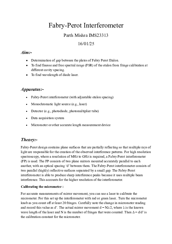 (PDF) Fabry-Perot Interferometer and Beam Profile