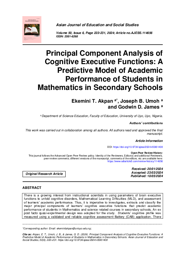 (PDF) Principal Component Analysis of Cognitive Executive Functions: A Predictive Model of ...