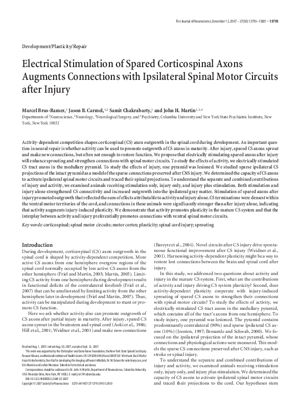 (PDF) Electrical Stimulation of Spared Corticospinal Axons Augments ...