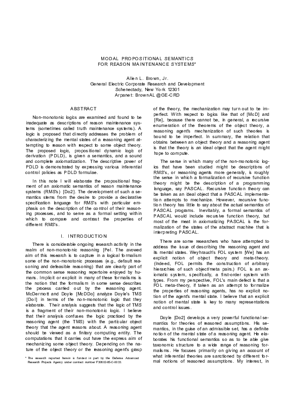 (PDF) Modal propositional semantics for reason maintenance systems