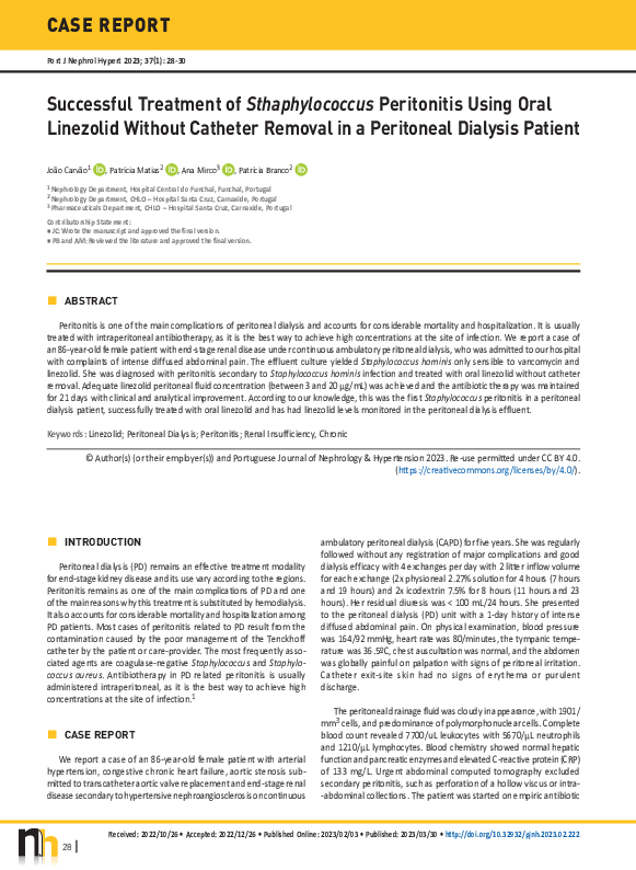 (PDF) Successful Treatment of Sthaphylococcus Peritonitis Using Oral Linezolid Without Catheter ...