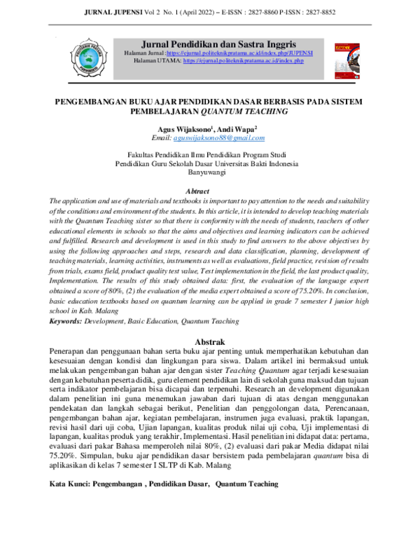 (PDF) Pengembangan Buku Ajar Pendidikan Dasar Berbasis Pada Sistem Pembelajaran Quantum Teaching