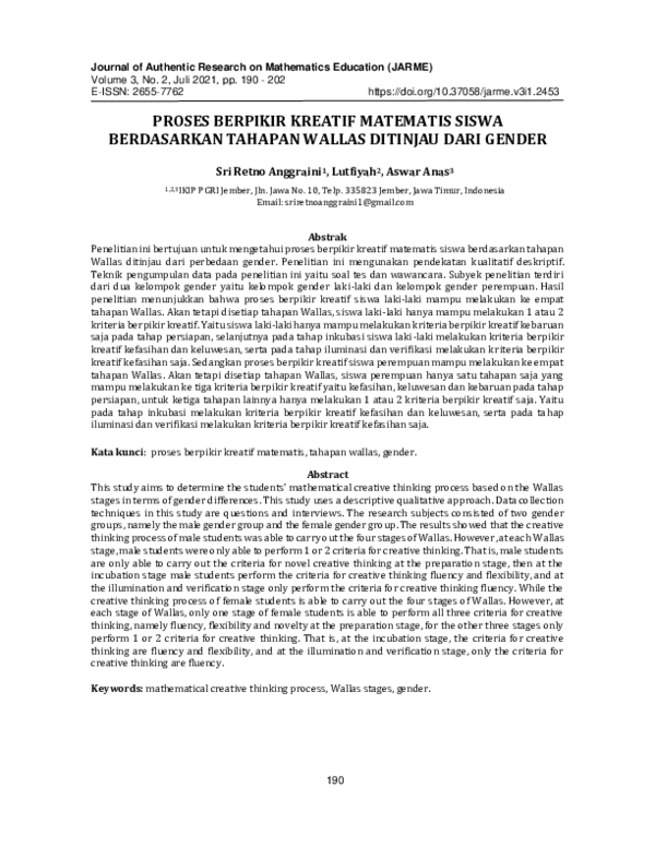 (PDF) Proses Berpikir Kreatif Matematis Siswa Berdasarkan Tahapan Wallas Ditinjau Dari Gender