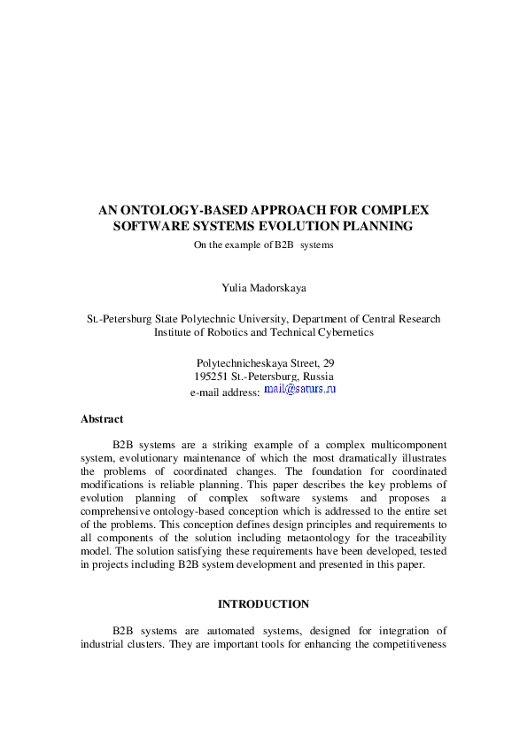 (PDF) AN ONTOLOGY-BASED APPROACH FOR COMPLEX SOFTWARE SYSTEMS EVOLUTION PLANNING On the example ...