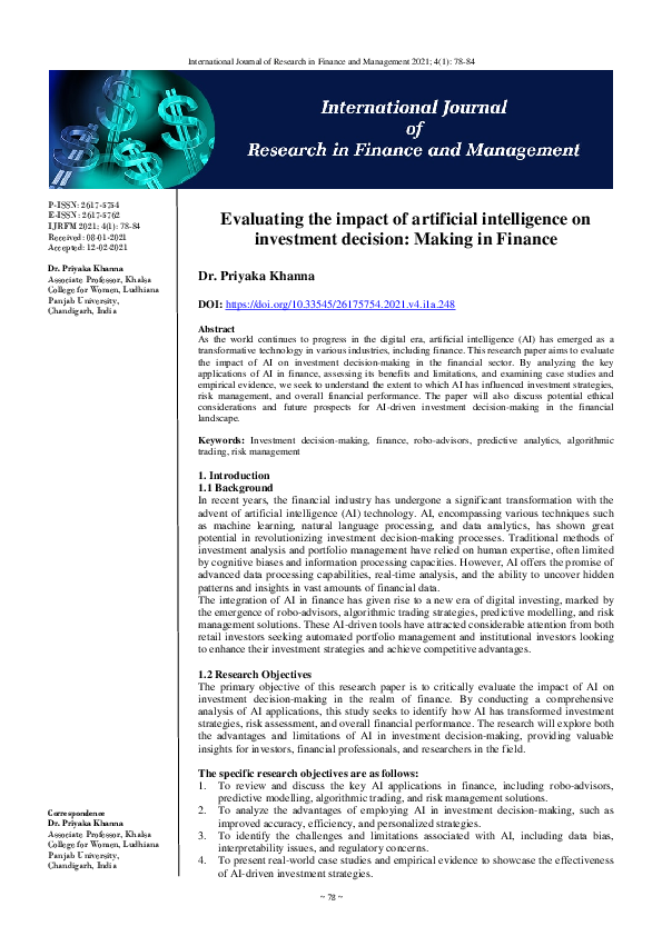 (PDF) Evaluating the impact of artificial intelligence on investment decision: Making in Finance