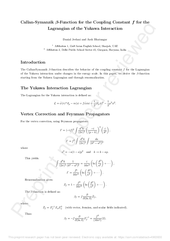 (PDF) Callan-Symanzik β-Function for the Coupling Constant f for the Lagrangian of the Yukawa ...