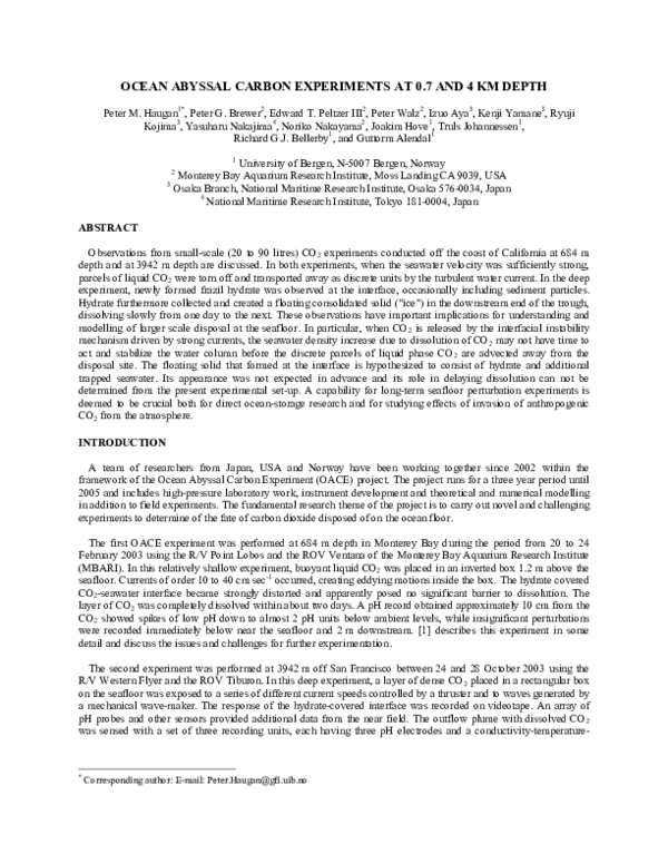 (PDF) Ocean abyssal carbon experiments at 0.7 and 4 KM depth