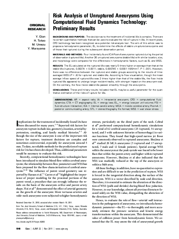 Pdf Risk Analysis Of Unruptured Aneurysms Using Computational Fluid Dynamics Technology