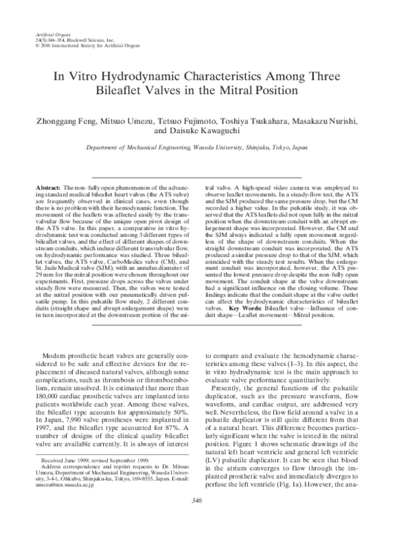 (PDF) In Vitro Hydrodynamic Characteristics Among Three Bileaflet Valves in the Mitral Position