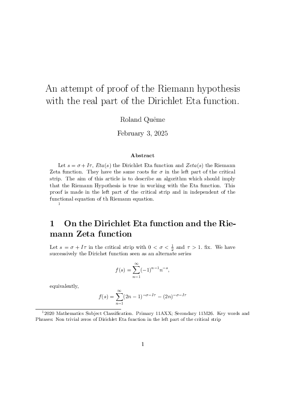 (PDF) An attempt of proof of the Riemann hypothesis with the real part ...