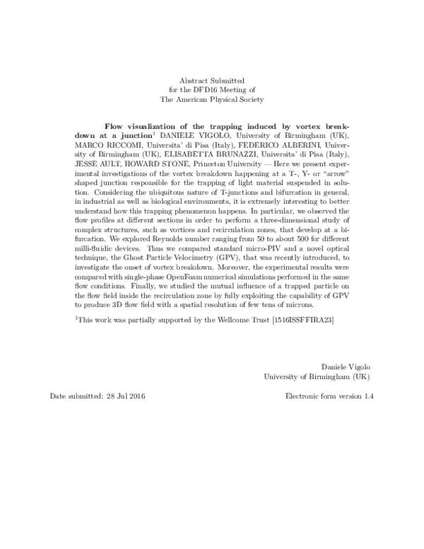 (PDF) Flow visualization of the trapping induced by vortex breakdown at a junction