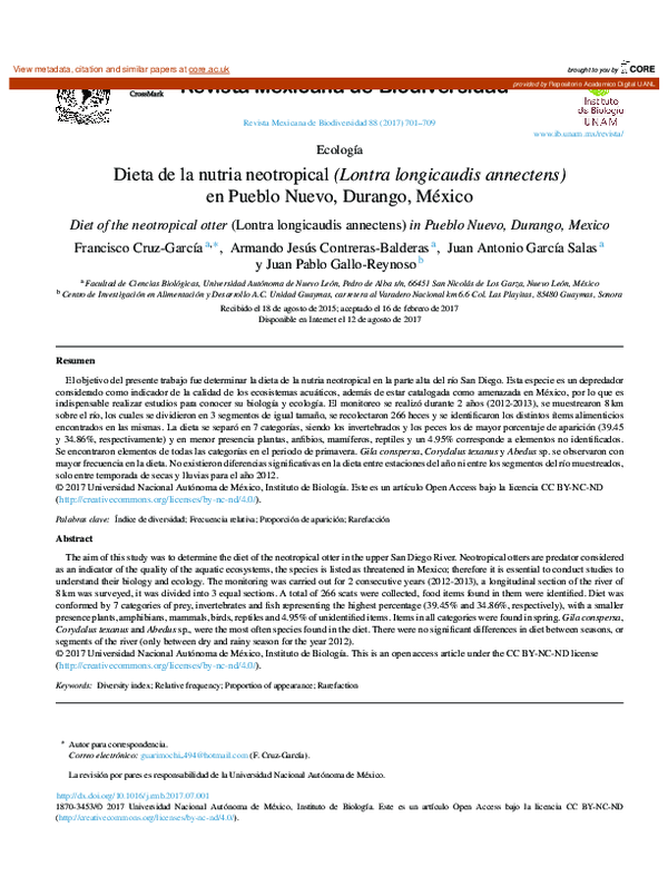 (PDF) Dieta de la nutria neotropical (Lontra longicaudis annectens) en ...