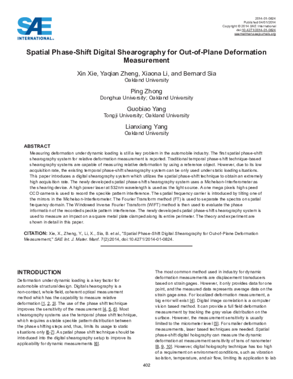 (PDF) Spatial Phase-Shift Digital Shearography for Out-of-Plane Deformation Measurement