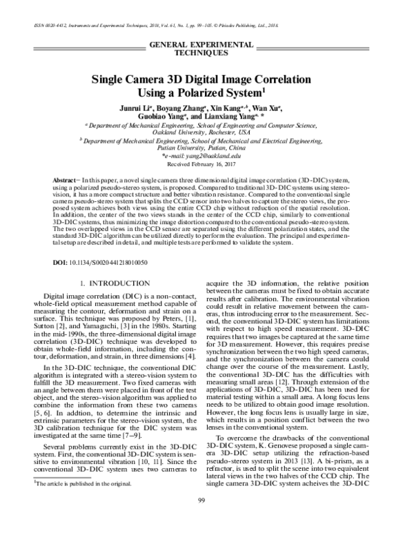 (PDF) Single Camera 3D Digital Image Correlation Using a Polarized System