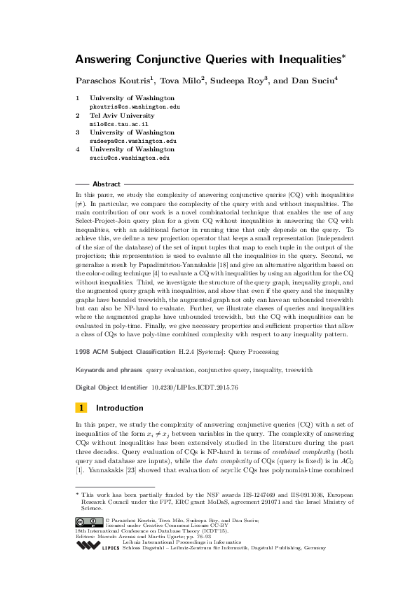 (PDF) Answering Conjunctive Queries with Inequalities