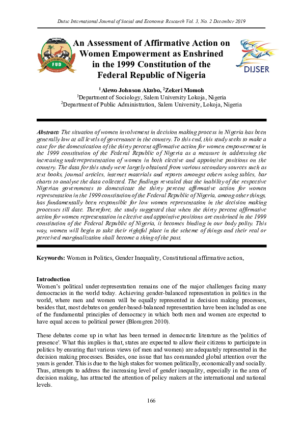 (PDF) An Assessment of Affirmative Action on Women Empowerment as Enshrined in the 1999 ...