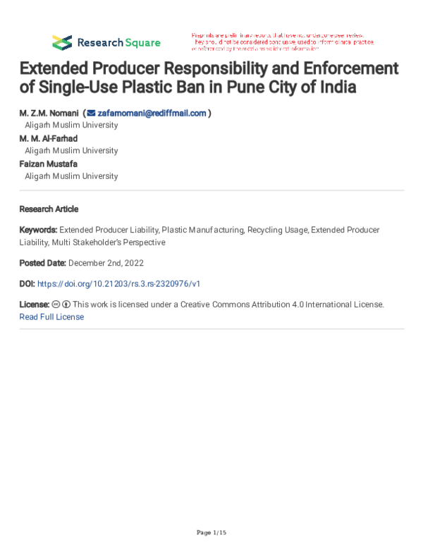 (PDF) Extended Producer Responsibility and Enforcement of Single-Use ...
