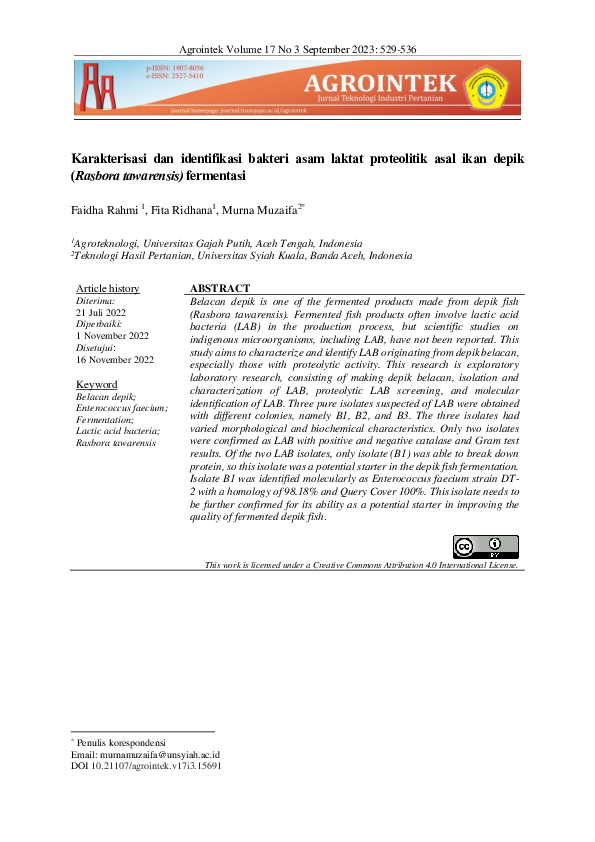 (PDF) Karakterisasi dan identifikasi bakteri asam laktat proteolitik asal ikan depik (Rasbora ...