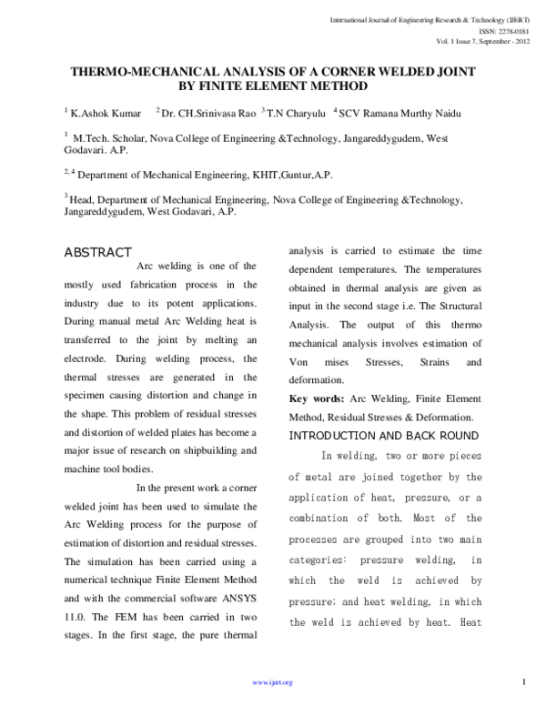 (PDF) Thermo-mechanical Analysis Of A Corner Welded Joint By Finite Element Method