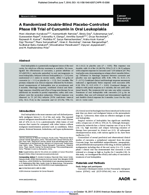 (PDF) A Randomized Double-Blind Placebo-Controlled Phase IIB Trial of Curcumin in Oral Leukoplakia