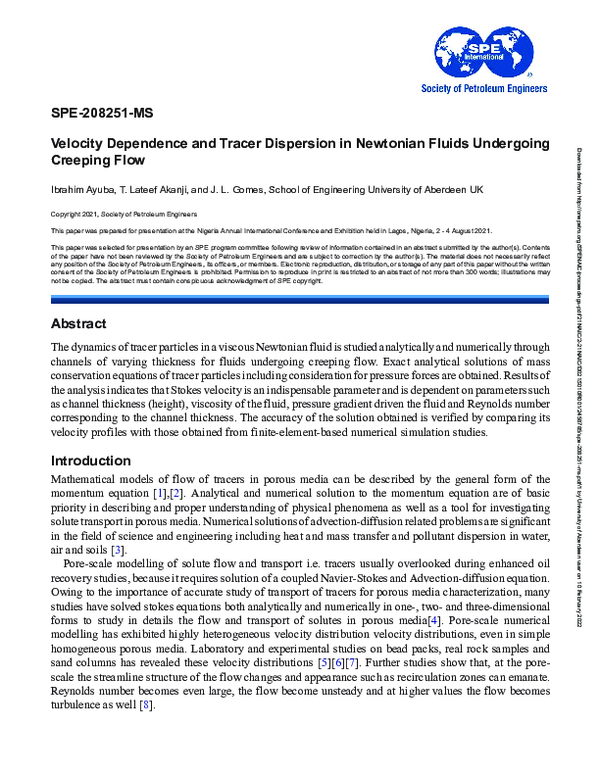 (PDF) Velocity Dependence and Tracer Dispersion in Newtonian Fluids ...